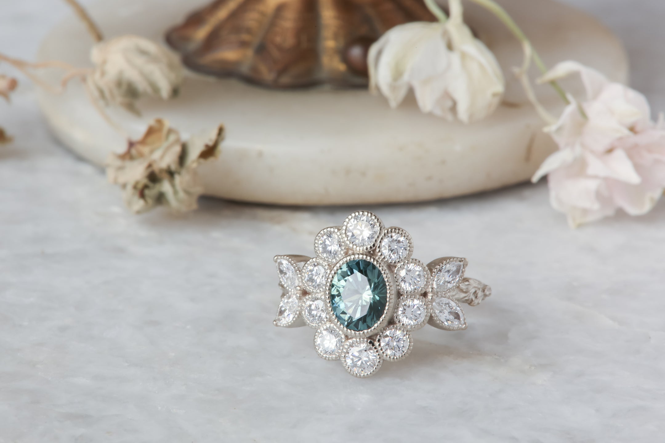 The Peony Heirloom Setting - Flower Diamond Halo Engagement Ring Setti ...