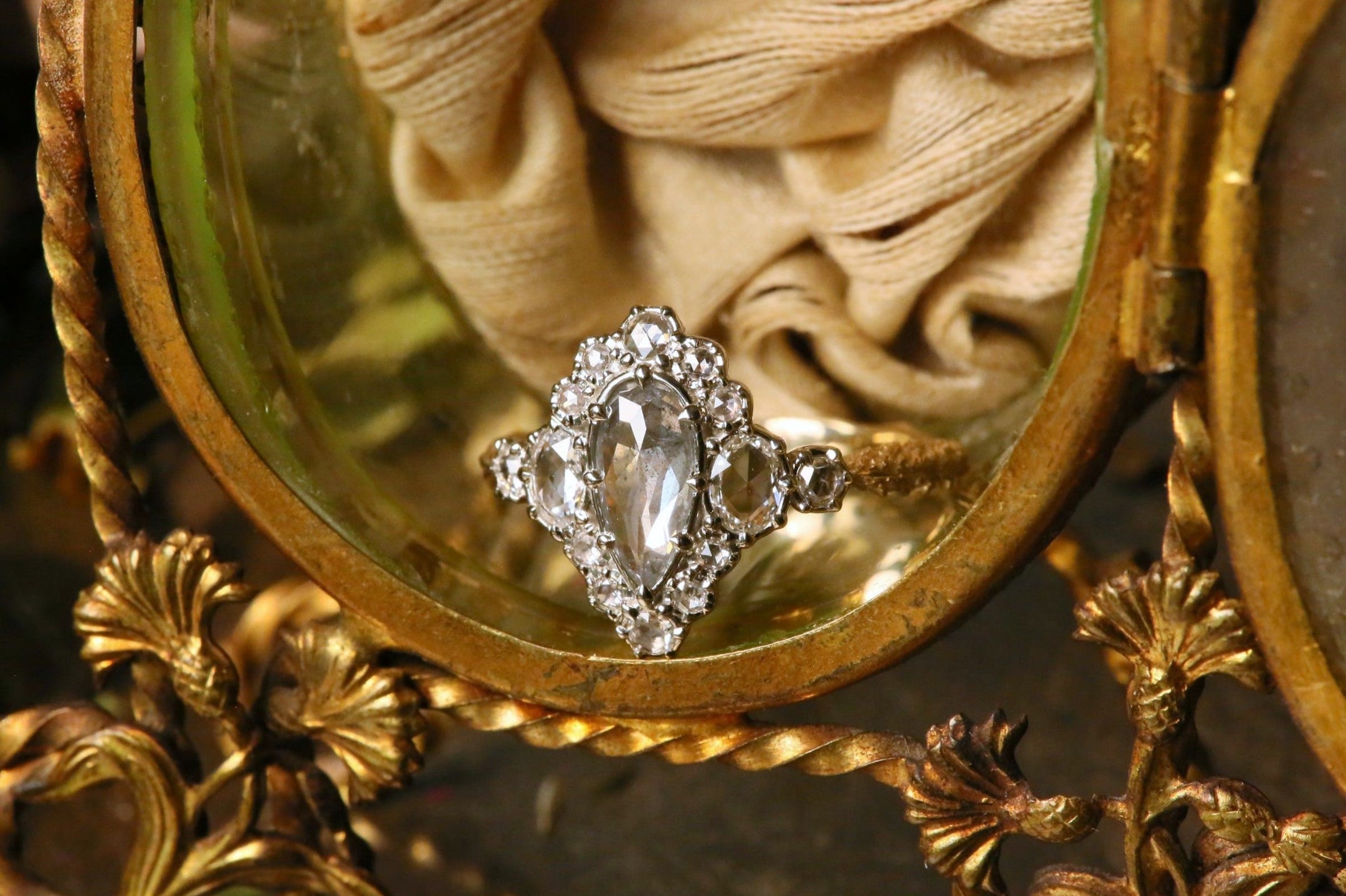 The Scrying Mirror Heirloom Setting - Rose Cut Diamond Halo Engagement ...